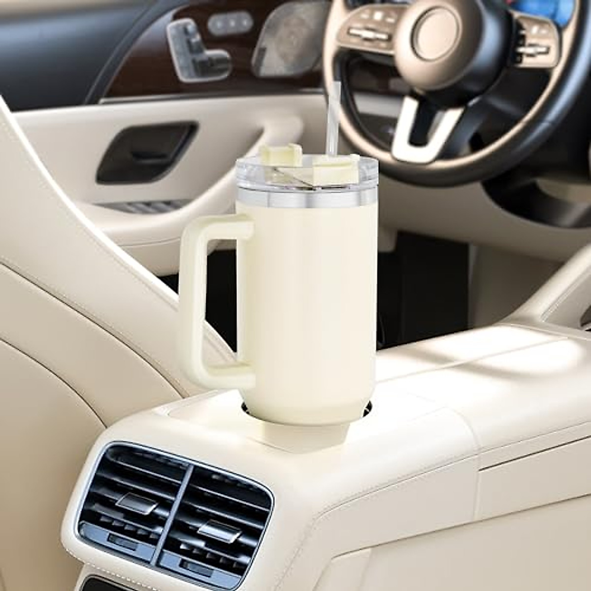 FECBK 40 oz Tumbler with Handle and Straw, 100% Leak-Proof Travel Mug, Stainless Steel Double Wall Vacuum Insulated Coffee Cup Keeps Cold For 34 Hours, Dishwasher Safe, Beige