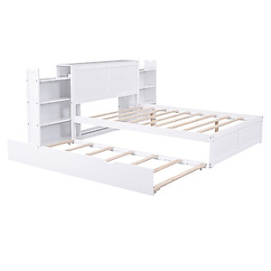 Acosure Full Size Storage Platform Bed with Pull Out Shelves and Twin XL Size Trundle,Bedroom Wood Bed Frame W/Headboard,No Box Spring Required,for Kids Teens Girls Boys,White
