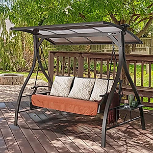 Patio Tree 3 Person Outdoor Porch Swing Deluxe Patio Hammock Swing Glider Bench with LED, Adjustable Hardtop Canopy and Sunbrella Pillows