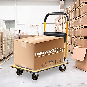 Push Cart Dolly, Foldable Platform Truck 330 lbs Capacity for Easy Storage, Folding Hand Truck Push Cart Dolly with 360 Degree Swivel Wheels Black and Yellow