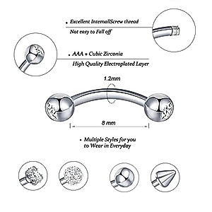 EVISPOL 10Pcs Eyebrow Piercing Jewelry Eyebrow Rings 16G Curved Barbell Cartilage Earring Lip Belly Rings Daith Rook Earrings Helix Conch Piercing Tragus Earrings for Women Men-Silver-8mm