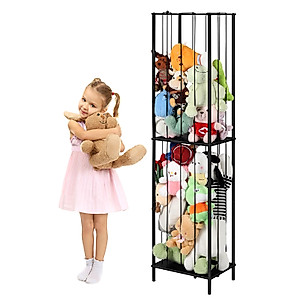 OYEAL Stuffed Animal Storage Zoo 64'' Kids Toy Ball Storage Organizer Metal Plushies Toy Storage Holder with Elastic Rope and Shelf for Playroom Birthday Gift for Bedroom Nursery, Black