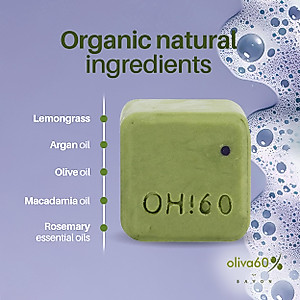 Shampoo Bar Lemongrass Rosemary - Olive, Argan, Macadamia Oil | Sulfate & Paraben Free | Organic Natural Hair Care | 3.5 oz | Shampoo for Oily Hair | No Plastic Waste | Oliva 60
