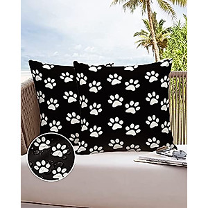 Outdoor Waterproof Throw Pillow Covers 16 x 16 Inches Set of 2 Dog Paw Prints Black and White Decorative Cushion Cover Pillowcase for Garden Patio Tent Beach Bedroom Livingroom Sofa Couch