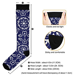 Kigai 1 Pair Blue Mexican Talavera Compression Socks 20-30mmHg Knee High Women Socks Tube Athletic Stockings for Men Sport Soccer Running Cycling Medical Nurse Winter Travel