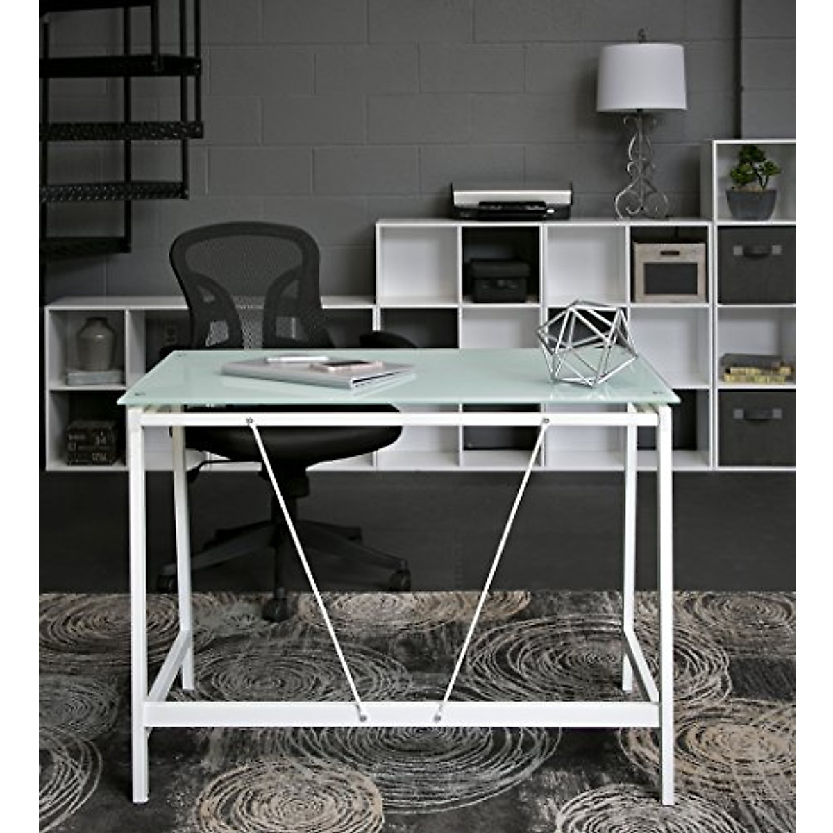 OneSpace Contemporary Glass Writing Desk, Steel Frame, White and Cool Blue