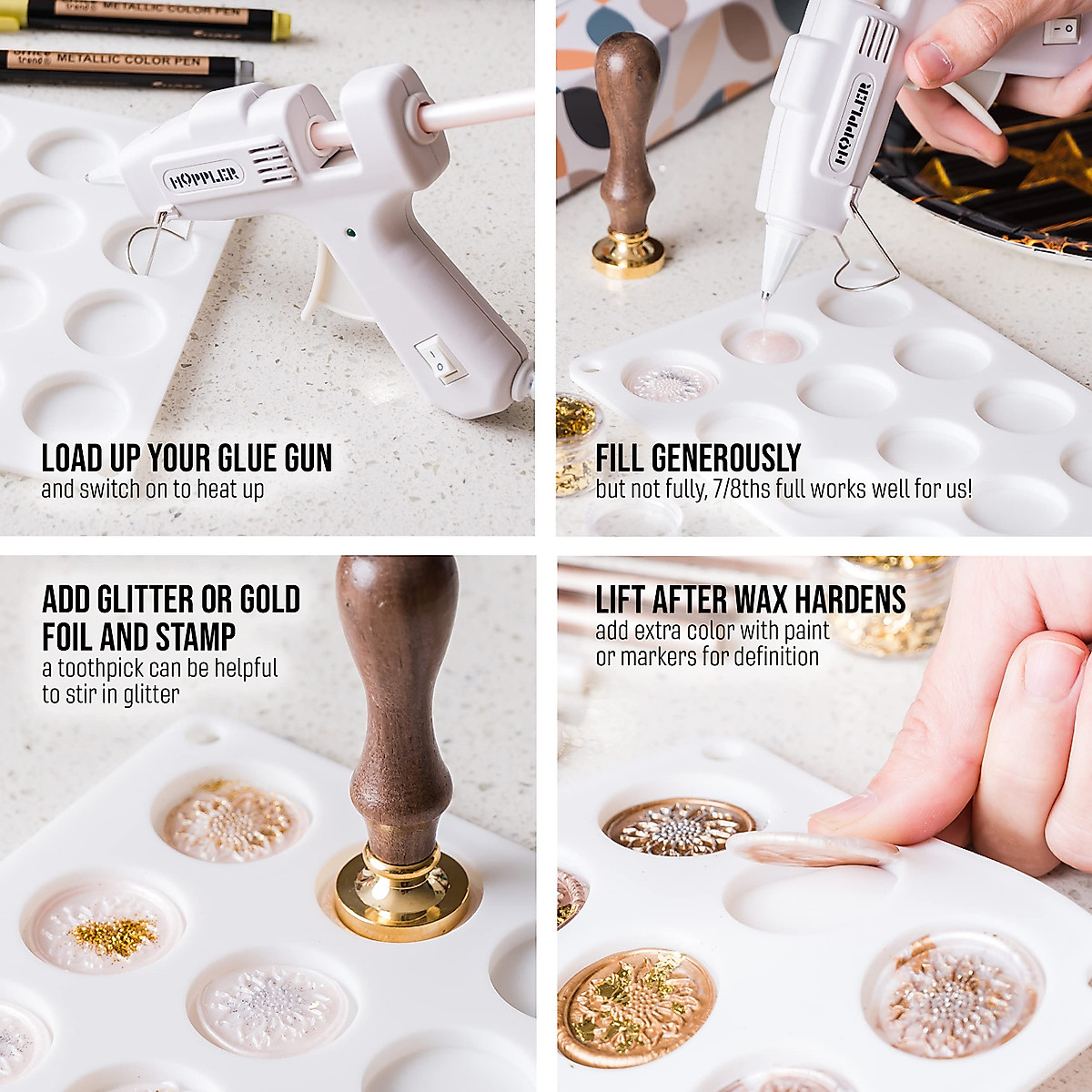 Hoppler Premium Wax Seal Kit with Sealing Wax Gun, Wax Seal Sticks, Wax Seal Stamp, 12 Cavity Silicone Wax Seal Mold, and Extra Additions to Make Seals Stand Out and Make Invitations in Bulk.