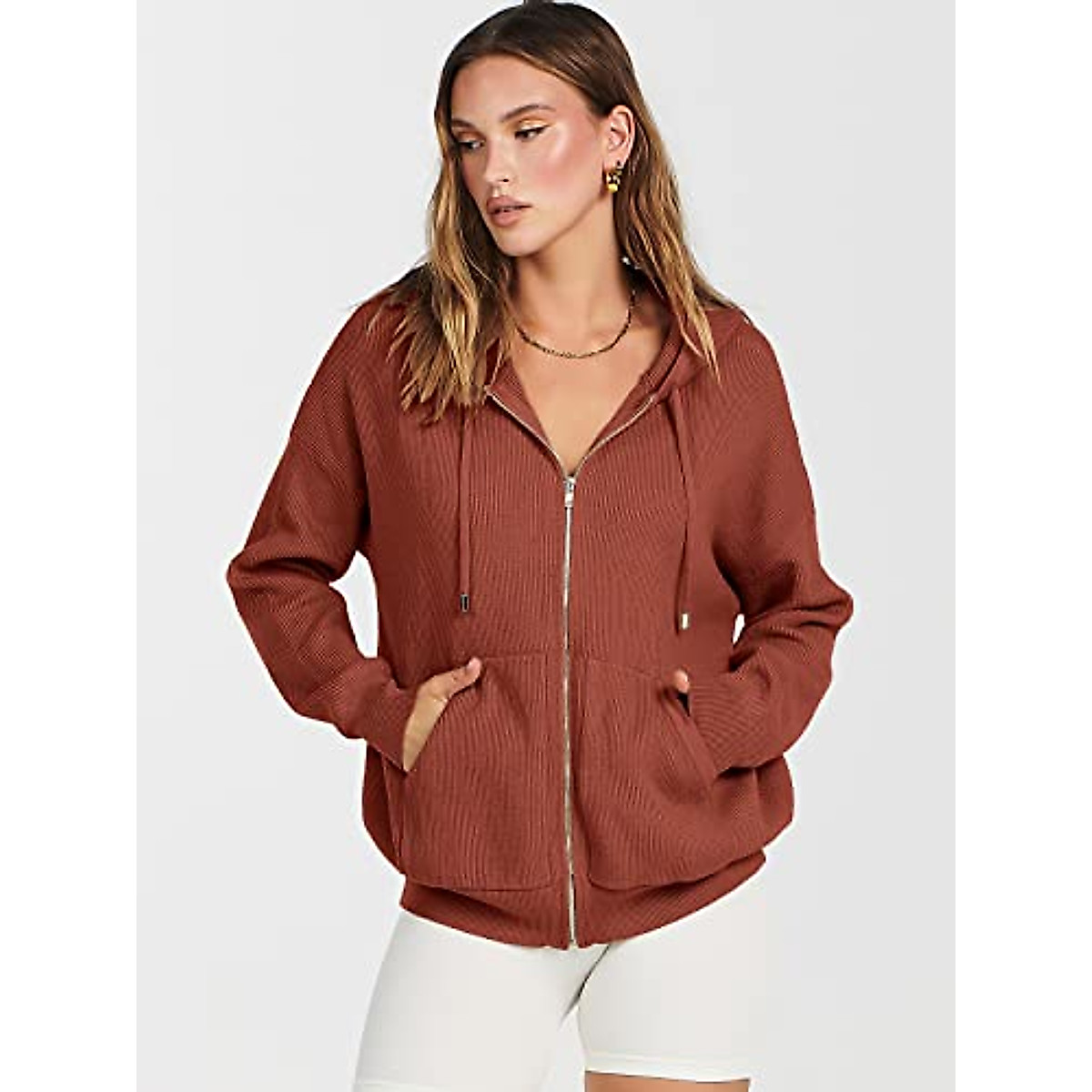ANRABESS Women's Sweater Hoodies 2023 Fall Oversized Full Zip Up Jackets Long Sleeve Crewneck Sweatshirt Casual Loose Ribbed Knit Pullover Top with Pocket 791xiuhong-L Rust