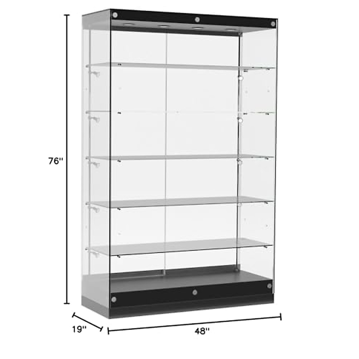 Displays2go 4’ Frameless Glass Showcases with LED Lighting, Adjustable Shelves, Locking, MDF – Black (GTAP48LEDB)
