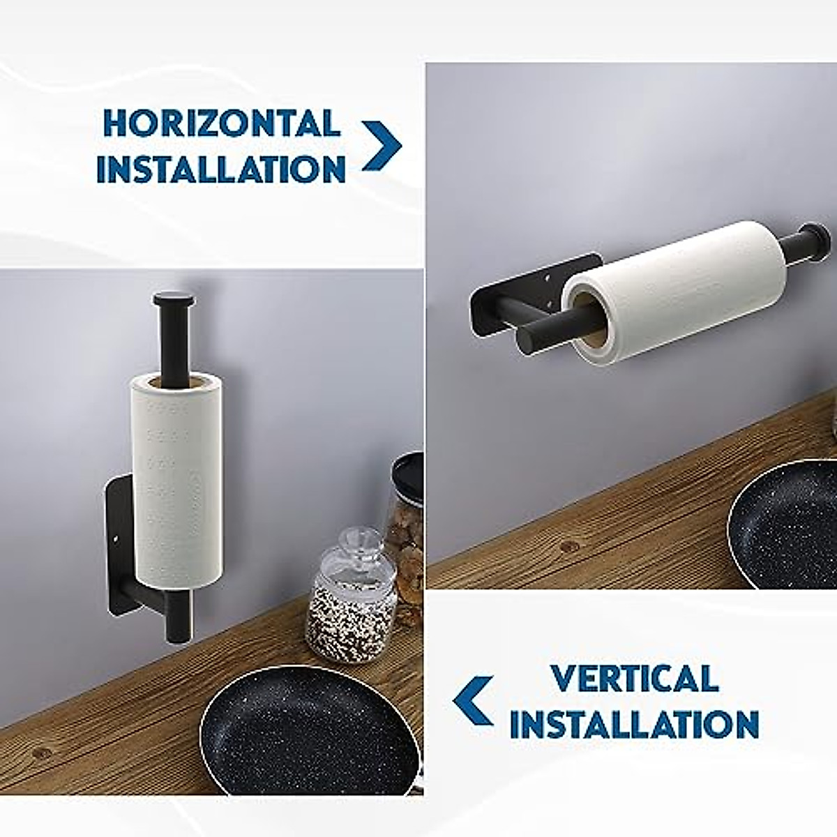 LEVENWAY- Under Cabinet Paper Towel Holder – Available in Screws and Self Adhesive Paper Towel Hanger Sturdy and Durable, Stainless Steel Polished Kitchen Roll Holder Wall Mount (Black)