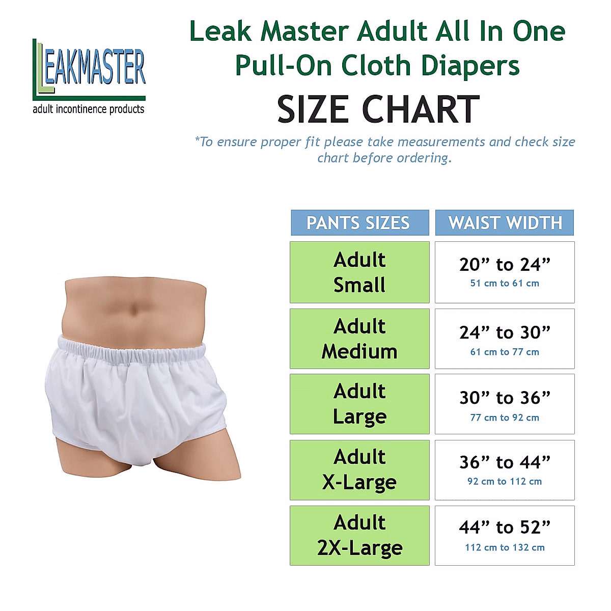 Adult All in One Pull-On Cloth Diaper by LeakMaster - Sewn-On Waterproof Outer Layer. 8 Total Interior Layers of Absorbency. Secure Incontinence Protection. (2X-Large 44-52-Inch Waist)