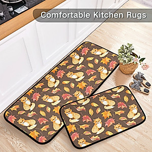 Cute Fox Fall Leaves Kitchen Mat Set of 2 Anti-Fatigue Kitchen Rug Set Non Slip Foam Cushioned Kitchen Runner Rugs and Mats Comfort Standing Mat for Floor Laundry Home Decor