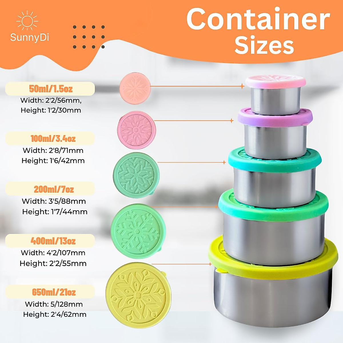 304 Stainless Steel Lunch Box Containers for Kids with Lunch Bag, Leakproof Stainless Steel Round Food Storage Containers with Silicone Lids, Metal and Nesting Snack Containers, Set of 5 sizes, kF033