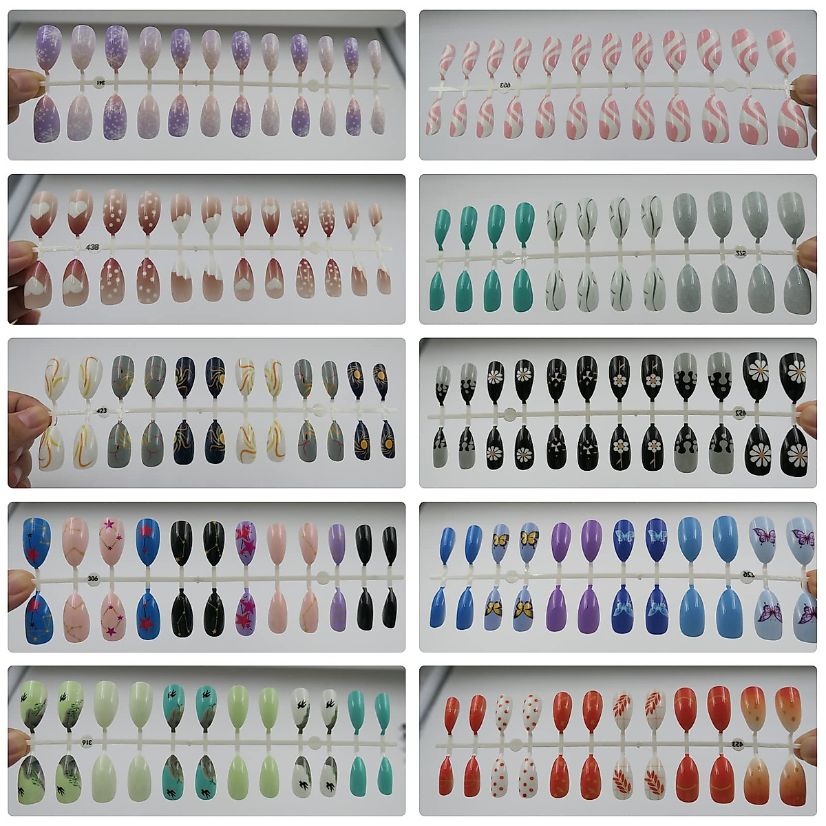 LoveOurHome 240pc Almond Press on Nails Flower Swirl Butterfly 10 Designs Medium Pointed Acrylic French Tips Full Cover Gel Fake Nails Reusable Artificial Fingernails for Women Girls Kids