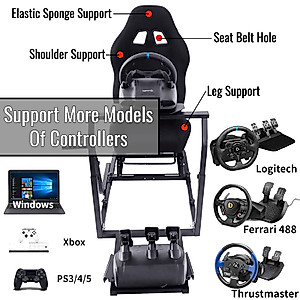 Minneer Super Driving Simulator Cockpit with Real Seat forLogitech G25, G27, G29, G920 Dual-Segment Adjustable PC,Xbox,PS4 Racing Wheel Stand Frame Professional Level Steering Simulator Cockpit