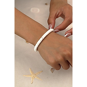 POTESSA Puka Shell Bracelet for Women Summer Natural Seashell Hawaiian Pooka Bracelet Heishi Clam Chips Surfer Jewelry