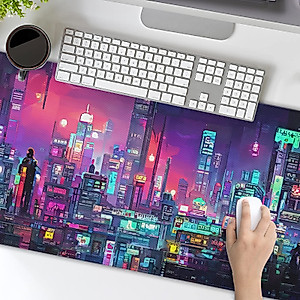 Retro Japanese Anime Gaming Mouse Pad XXL Cool Dark Purple Red Vaporwave City Extended Large Desk Mat Big Mousepad Non-Slip Rubber Base Stitched Edge Long Mousepad for Desk Computer, 35.4 x 15.7 in