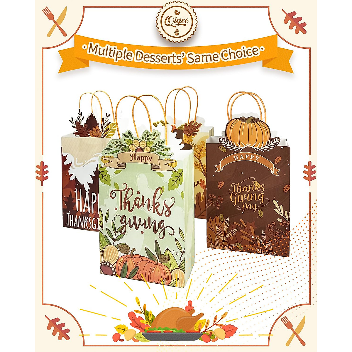 qiqee 24-Packs Thanksgiving Paper Gift Bags with Handles Bulk 8.26×6×3.15 Inch Pumpkin Gift Bags Multiple Uses (Small Size)