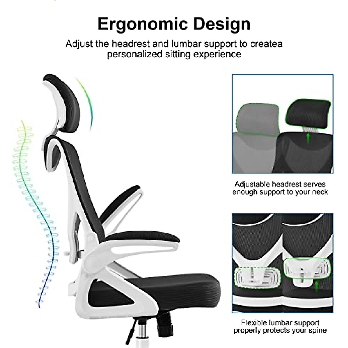 Yaheetech Ergonomic Mesh Office Chair, High Back Desk Chair with with flip-up Armrests, Adjustable Padded Headrest Computer Chair with Lumbar Support for Home Oiffce Game Room, White/Black