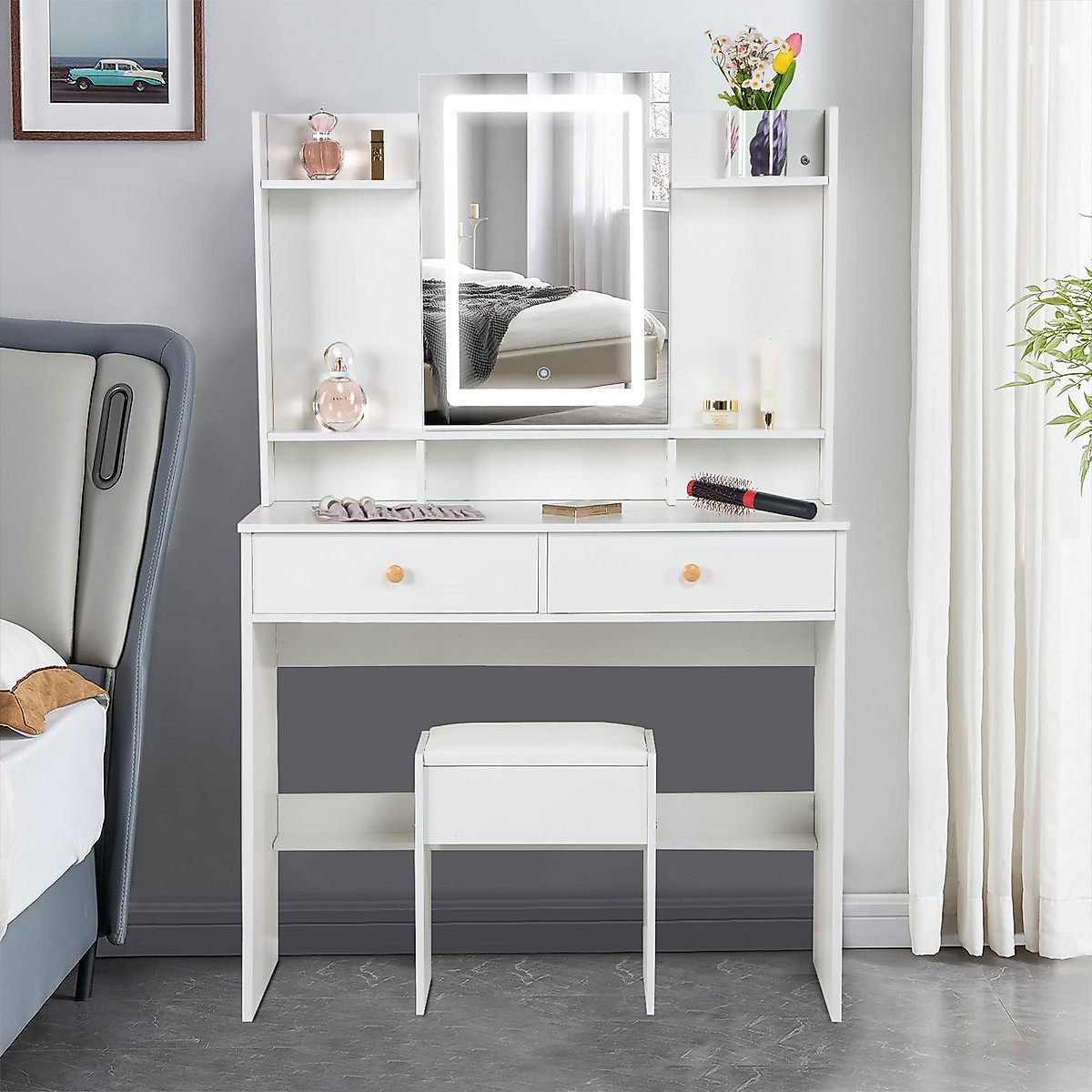 Caulitar Vanity Desk with Mirror and Lights-3 Color and Brightness Adjustable, Vanity Set with Drawers and Chair, White Makeup Vanity Table for Girls