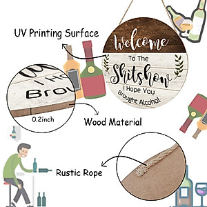 CHDITB Welcome to the Shitshow Wood Door Sign, Alcohol Shitshow Rustic Wall Door Hanging Sign(12”x12”), Funny Welcome Wall Hanging Sign Plaque for Front Door Entryway Porch Bar Pub Farewell Party