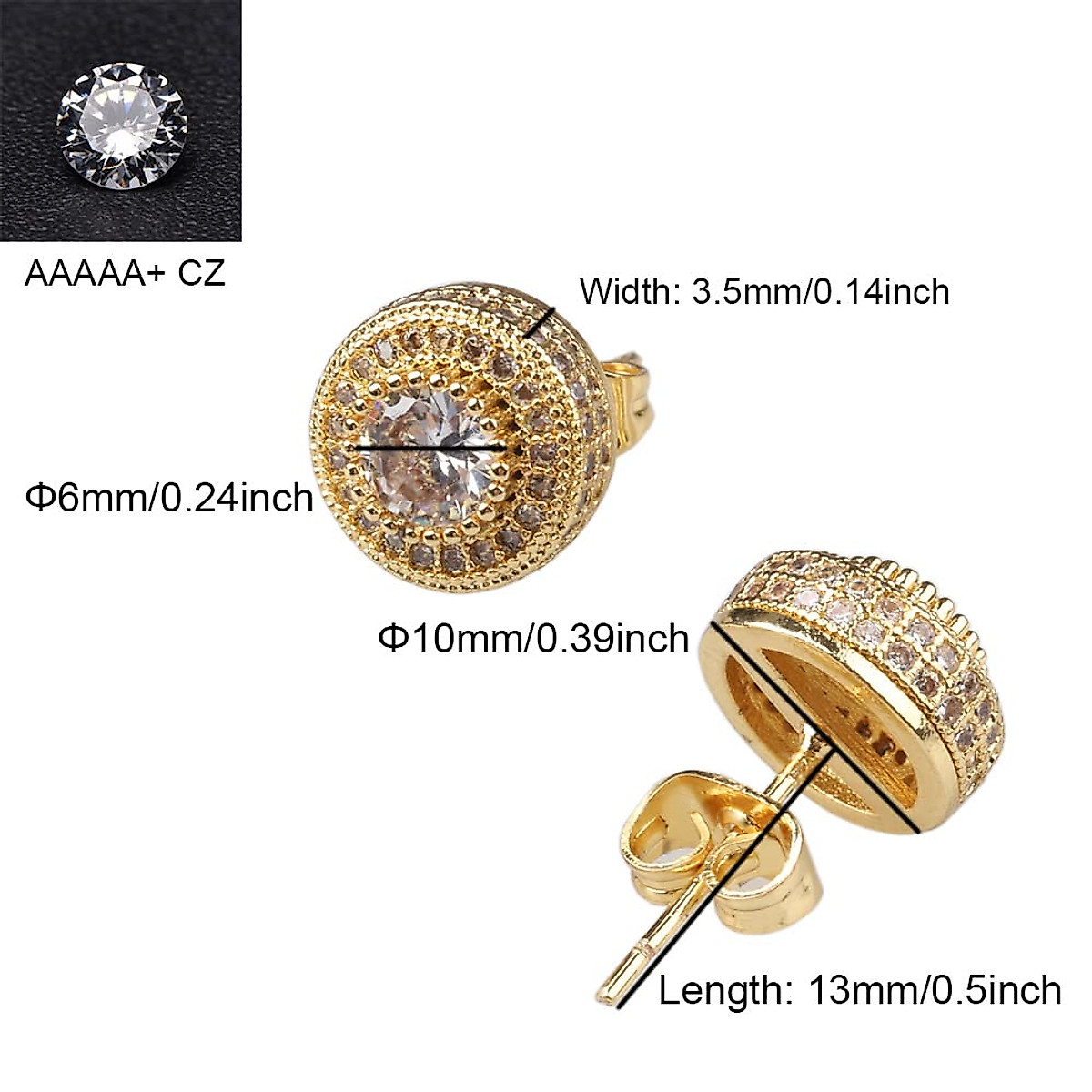 CZ Iced Out Men Screw Back Diamond Earring Studs, 24k Gold Plated Bling Party Jewelry