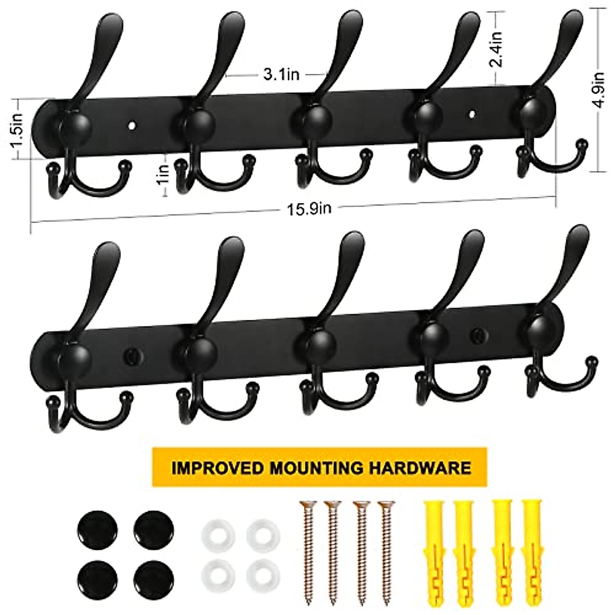 TBMax Coat Rack Wall Mounted - 2 Pack Sturdy Metal Coat Hook Rail with 5 Tri Hooks for Coat Hat Towel Purse Robes Mudroom Bathroom Entryway -Black