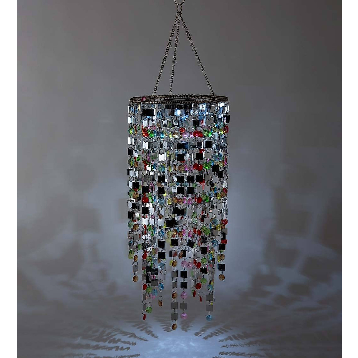 Wind & Weather Concentric Rings Silver and Multi-Colored Mirrored Outdoor Chandelier with Solar Lights Powered by Discreet Solar Panel in Top with Hanging Chain Included, 8½" Dia. x 29" H, Chain 9¼"L