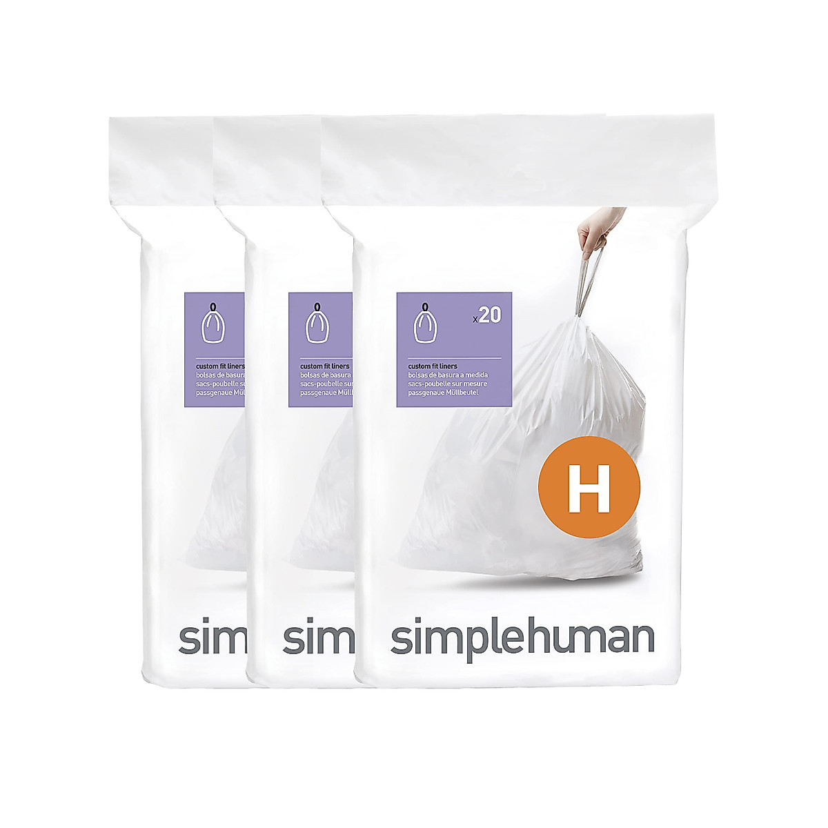 simplehuman Code H Custom Fit Drawstring Trash Bags in Dispenser Packs, 60 Count, 30-35 Liter / 8-9.2 Gallon, White