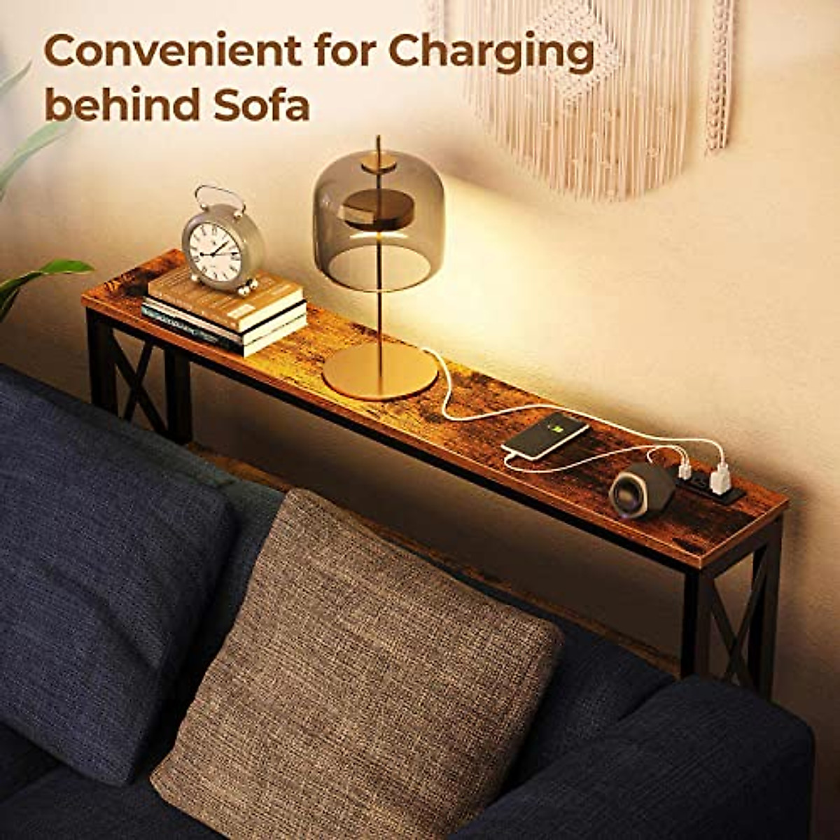 Rolanstar Sofa Table with Charging Station, 3 Tier Narrow Console Table with Storage Shelf and Power Outlet, 47” Entryway Table Metal Frame Behind Sofa Couch Hallway Entrance for Living Room