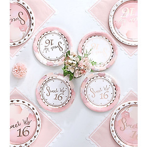 Rose Gold Sweet 16 Birthday Decorations for Girls - Serves 16 - Includes Sweet 16th Plates and Napkins Party Supplies Cups Cutlery for Sweet Sixteen Party