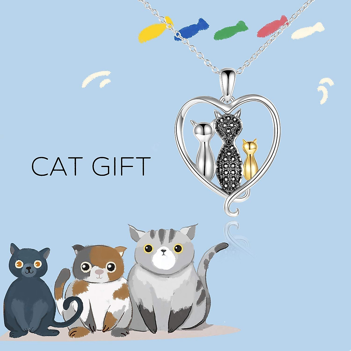 3 Cats Pendant Necklace 925 Sterling Silver Black Cat Lover Christmas Jewelry Themed Gifts for Woman Mother Grandmother Mother's Day Gift