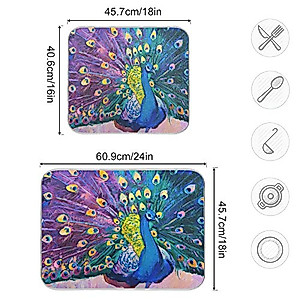 Painting Beautiful Peacock Animal Dish Drying Mat 24"x18" Absorbent Machine Washable Hanging Fast Dry Pad Dish Protective Mat for Kitchen Countertop Heat Resistant Dinner Table Mat