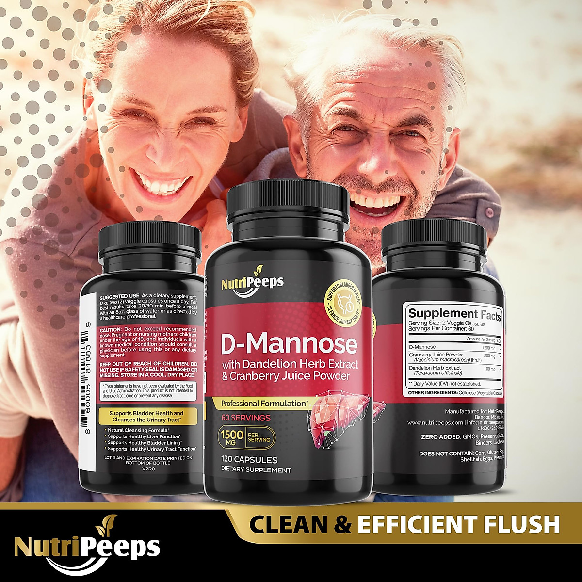 NutriPeeps D-Mannose 1500mg, 120 Capsules with Dandelion Herb and Cranberry Extracts, Natural Urinary Tract Cleanse for UTI Support, Flushing and Detoxing of Impurities, for Men and Women.