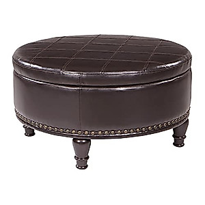OSP Home Furnishings Augusta Round Storage Ottoman with Decorative Nailheads and Flip Over Lid with Serving Tray Surface, Espresso Faux Leather