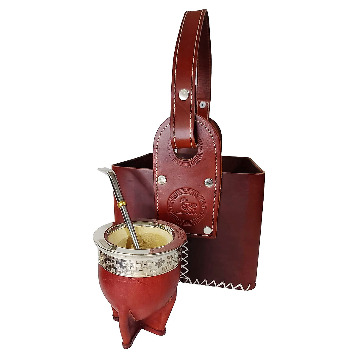 MATE SET PREMIUM -Incluye Mate Imperial- Matera de Cuero Tipo Canasta-Bombilla de Alpaca (Negro)