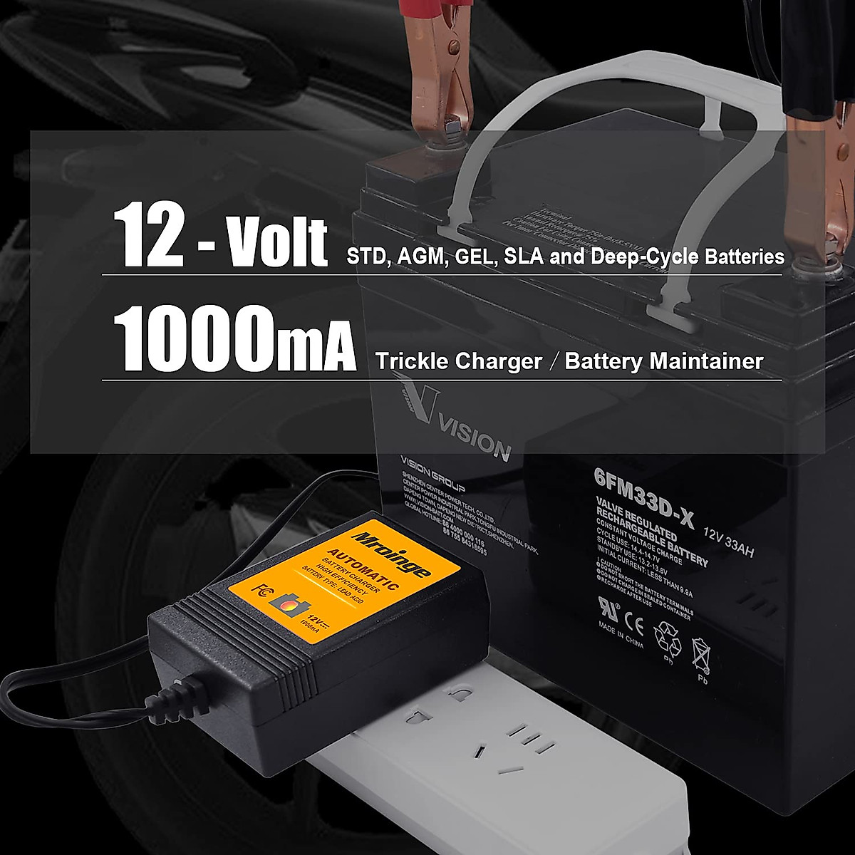 Trickle Charger, Mroinge 12V Automatic Smart Battery Charger and Maintainer, 1000mA Battery Float Charger - MBC010 [2-Pack]