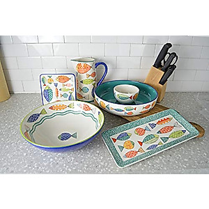 Euro Ceramica FreshCatch Collection 15-Inch Rectangular Serving Tray - Indoor/Outdoor Use - Colorful Cute Fish Pattern on White (FRC-86-3919)