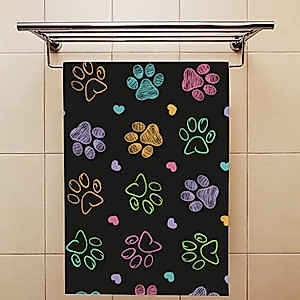Hand Bath Towels 2 Pack Doodle Colorful Paws Print Absorbent Face Fingertip Towels for Bathroom Kitchen Gym Spa Soft Hair Drying Cloth Quick Dry, 30 x 15 Inch