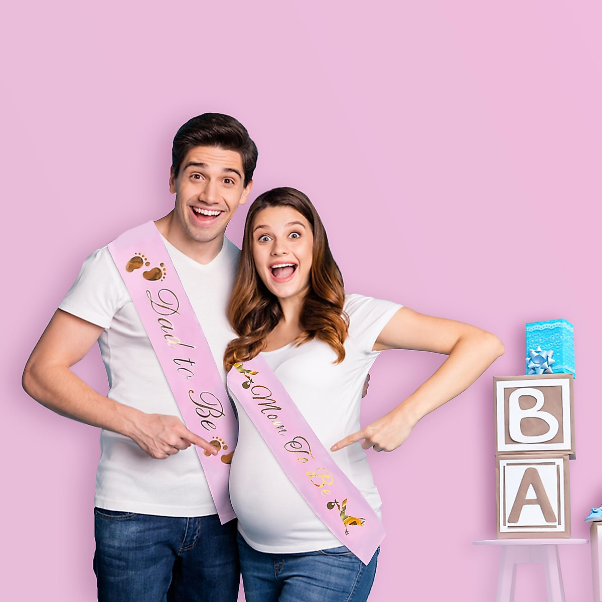 Dad to Be & Mom to Be Sash for Baby Shower - Pink with Gold Letters Dad and Mom to Be Sash Baby Shower | Girl Baby Shower Sash Father Mother Decorations Gender Reveal Belly Sash New Princess Favor