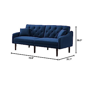 ERYE Modern Velvet Upholstered Futon Sofa with 2 Pillows,72.8” Soft Loveseat Convertible Sleeper Couch Bed for Apartment Office Small Space Living Room Furniture Sets,Sofa & Couch, Blue