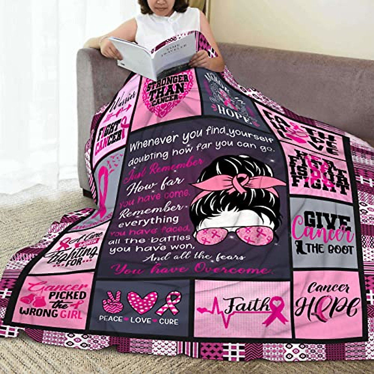 Pesine Cancer Awareness Blanket for Women Healing Survivor Gifts Get Well Throw Blankets Flannel 50X60in Multicolor
