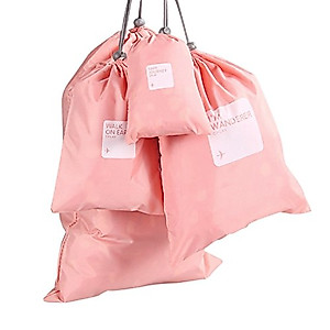 Multipurpose Essential Travel Packing Organiser Waterproof Drawstring Suitcase Clothes Underwear Laundry Shoes Bags Storages Toiletries Cosmetics Cases Holders Storages Bags Pouches 4 Pcs set Pink