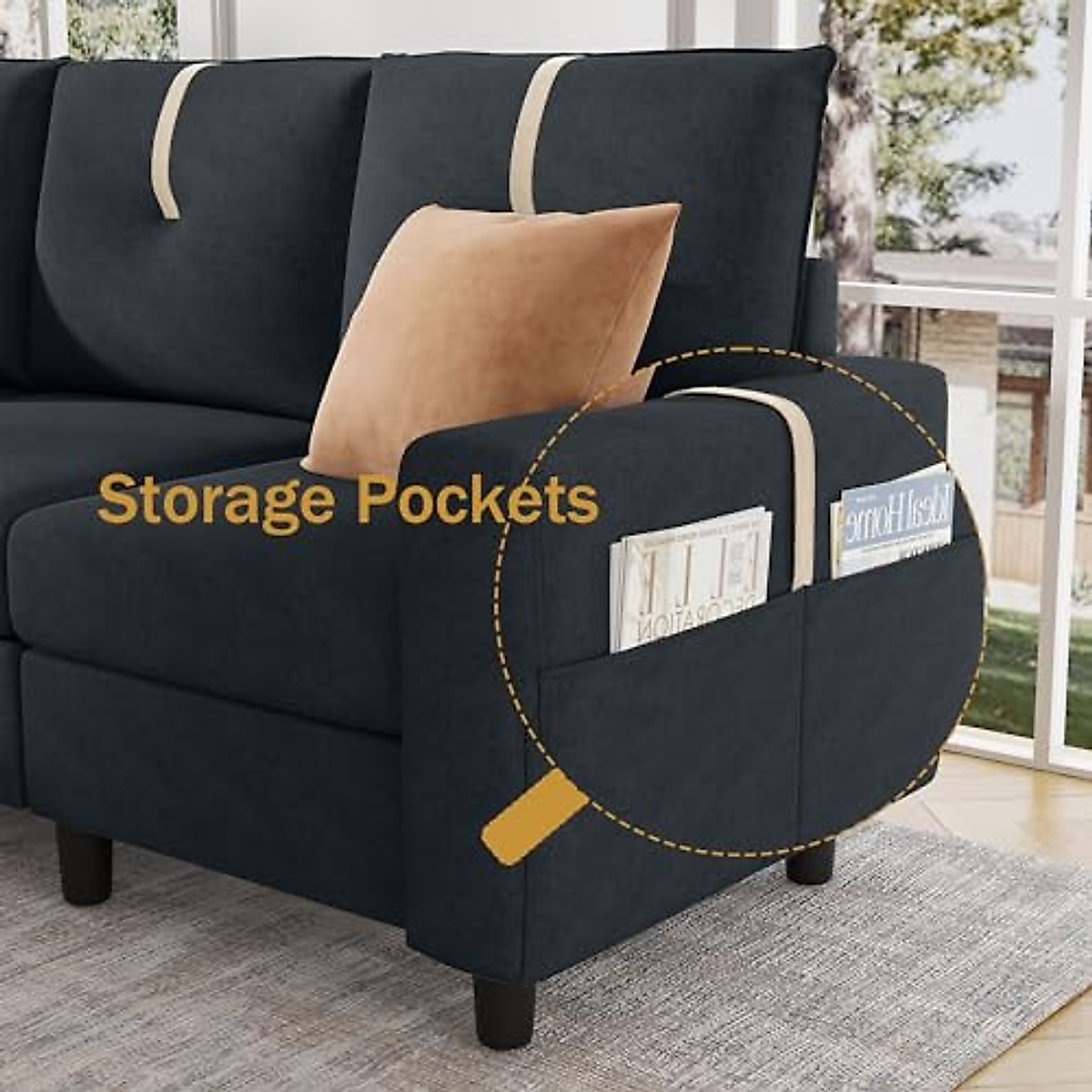 Pingliang Home 80" Sectional Sofas for Living Room, 3 Seat L Shaped Couch with Reversible Ottoman, Modern Linen Fabric Small Sectional Couch for Apartment Small Space, Dark Grey