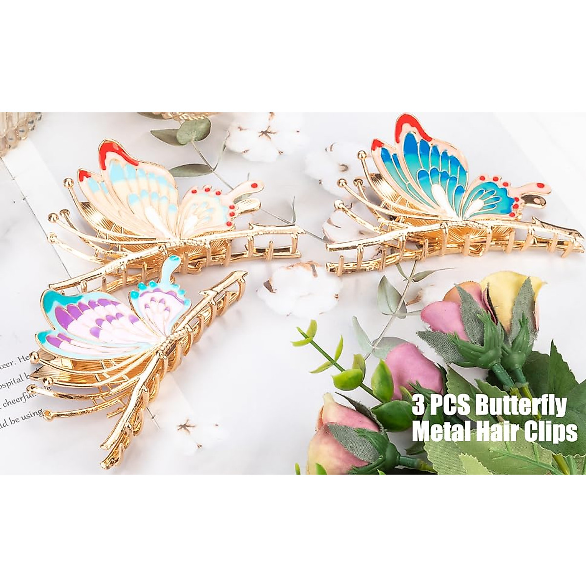 FDBJulyy 4 Inch Butterfly Metal Hair Clips for Women&Girls 3 Pcs Large Hair Claw Clips Nonslip 3 Styles Strong Hold Matte Claw Hair Accessories for Woman and Girls With Long Thick Hair & Thin Hair