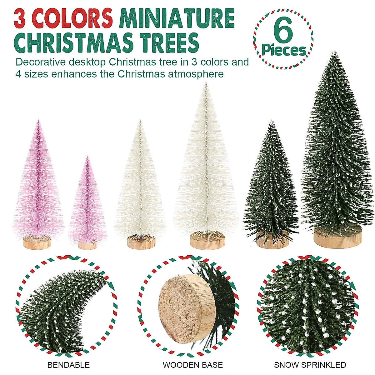 6pcs Mini Christmas Trees Christmas Decor, Artificial Christmas Mini Bottle Brush Trees Tabletop, Christmas Decoration Trees with 4 Size Xmas Holiday Decor (6pcs Green+Pink+Beige)