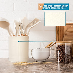 Sanbege Ceramic Utensil Crock with Ice Crack Pattern, 6.8" Large Kitchenware Caddy, Utility Utensil Holder for Cooking Tools, Makeup Brushes, Flowers, Wine Bucket (Cream White)