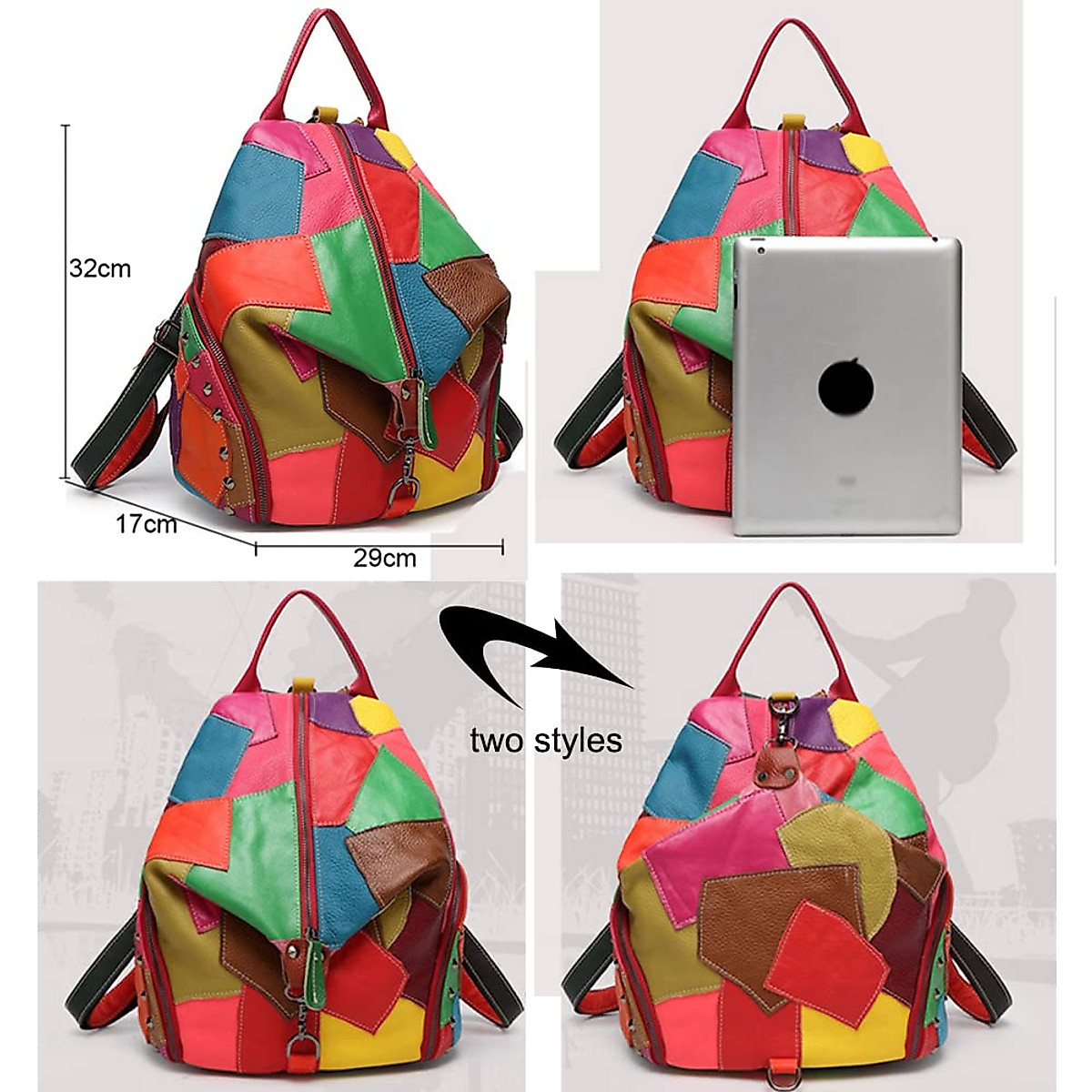 Downupdown Genuine Leather Backpack Contrasting Multicolor Splicing Backpack Fashion Large Capacity Travel Backpack- Multicolor