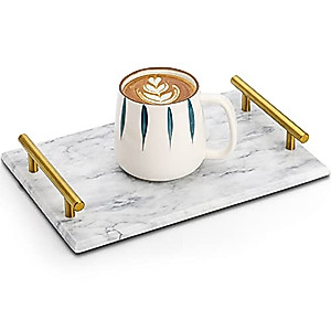 DEAYOU Marble Tray with Gold Handles, White Marble Stone Decorative Tray, 12" Nightstand Serving Tray with Metal Handle, Catchall Key Perfume Tray Pastry Food Board for Vanity, Coffee Table, Desk