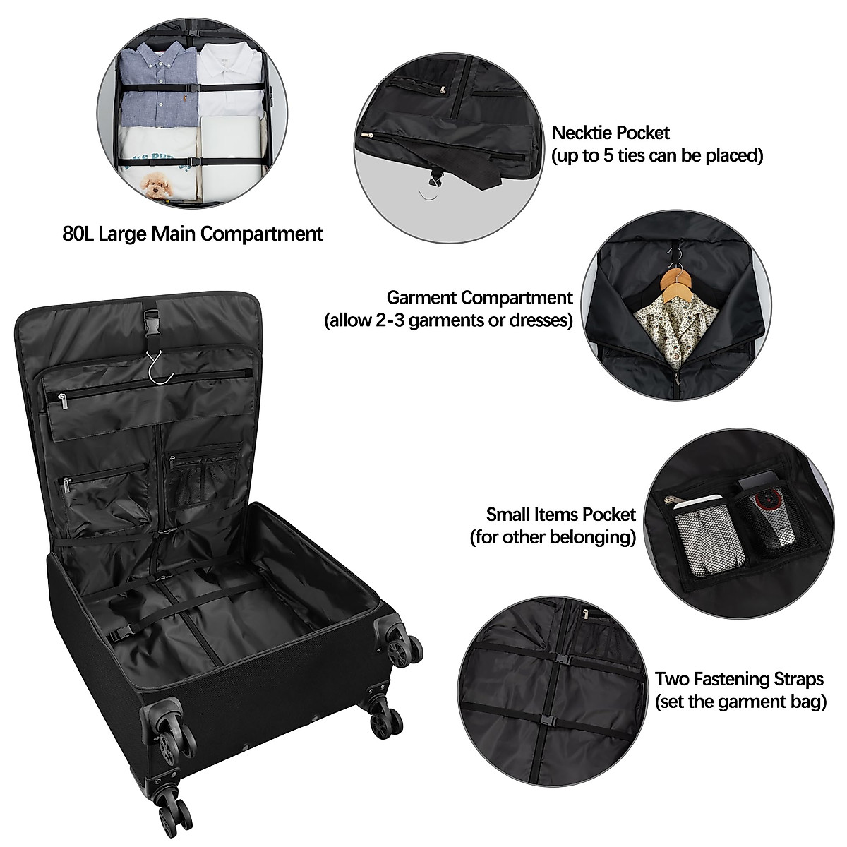 Bukere Rolling Garment Bags with Wheels for Travel, Wheeled Garment Luggage Bag with TSA Locks for Men and Women, 4 Spinner Wheels, Separate Suit Compartment, Checked-Large 26-Inch Suitcase